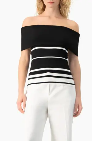 IVONNE Bardot Stripe Off-shoulder Short-sleeve Knit Top