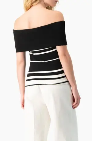 IVONNE Bardot Stripe Off-shoulder Short-sleeve Knit Top