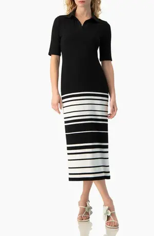 IVONNE Colorblock Stripe Polo-neck Knit Fitted Midi Dress - Black