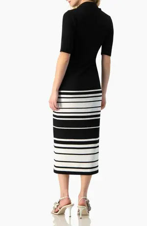 IVONNE Colorblock Stripe Polo-neck Knit Midi Dress