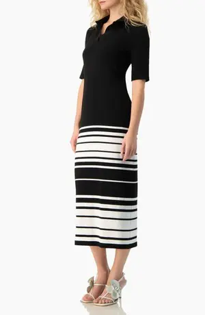 IVONNE Colorblock Stripe Polo-neck Knit Midi Dress