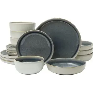 GIBSON ELITE Sunveil Plates And Bowls Reactive Glaze Round Dishes Stoneware Ceramic Dinnerware Set - Blue
