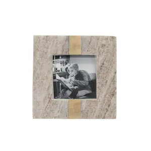 FORESIDE HOME AND GARDEN 4x4 Marble & Brass Inlay Luxury Premium Square Photo Picture Frame - Beige