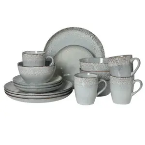 GIBSON ELITE Jasper 16 Piece Plates And Bowls Reactive Glaze Dishes Stoneware Ceramic Dinnerware Setservice For 4 - Grey