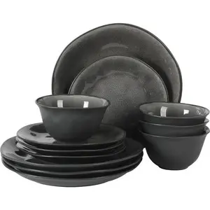GIBSON ELITE Port Barton 12-piece Reactive Glaze Stoneware Dinnerware Set - Charcoal