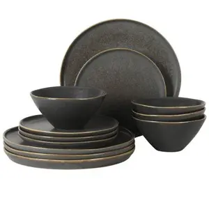 GIBSON ELITE Coastal Forest 12-piece Triple Reactive Glaze Stoneware Dinnerware Set Grey