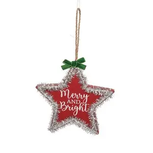 TRANSPAC Merry Bright Star Ornament Tinsel Christmas Tree Decoration - Red