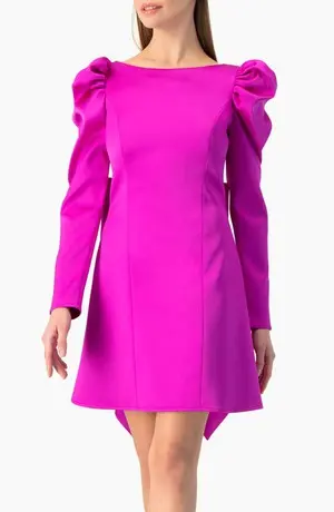 IVONNE Puff-sleeve Open-back Bow Mini Dress In Satin