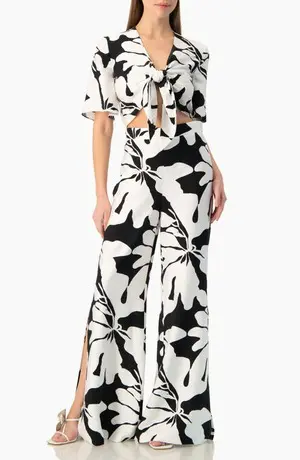 IVONNE Bold Floral Print Tie-front Wide-sleeve Crop Top