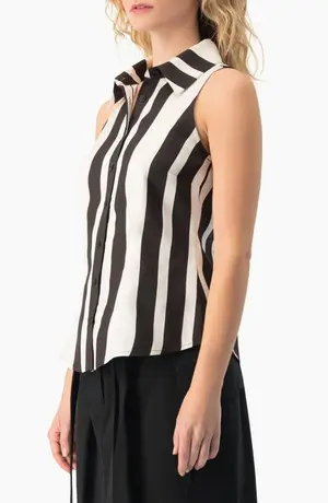IVONNE Bold Vertical Stripe Sleeveless Fitted Button-front Shirt