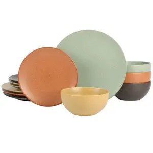 GIBSON ELITE Capetown Reactive Glaze Round Stoneware Dinnerware, Black, Yellow