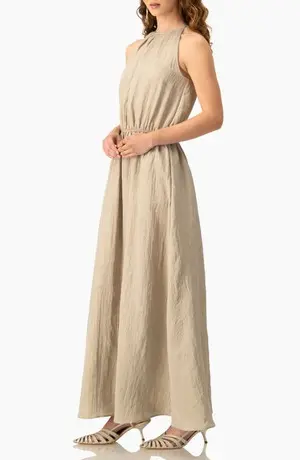 IVONNE Sleeveless Crinkle Halter Maxi Dress