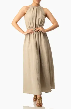 IVONNE Sleeveless Crinkle Halter Maxi Dress