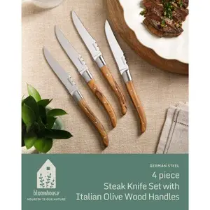 BLOOMHOUSE German Stainless Steel Steak Knife Setolive Wood Handle Steak Knives
