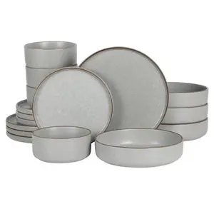 GIBSON ELITE Gelston Stoneware Matte Reactive Glaze Plates And Bowl Dinnerware Set - Grey