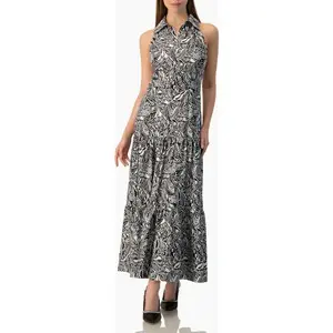 IVONNE Abstract Graphic Print Halter-neck Fitted Maxi Dress