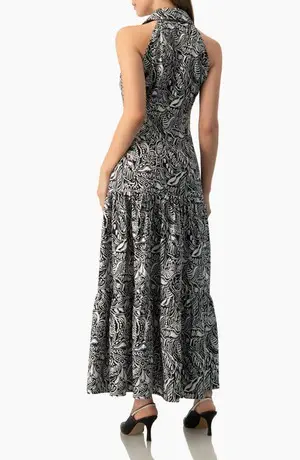 IVONNE Abstract Graphic Print Halter-neck Fitted Maxi Dress
