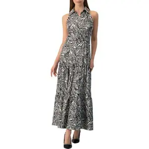 IVONNE Abstract Graphic Print Halterneck Fitted Maxi Dress - Black