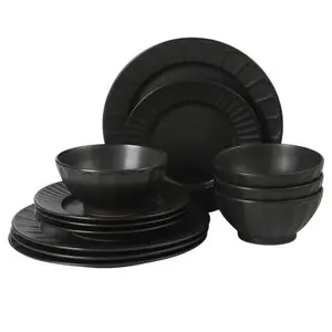 GIBSON ELITE Winchester Way 12-piece Plates And Double Bowls Stoneware Dinnerware Set - Black