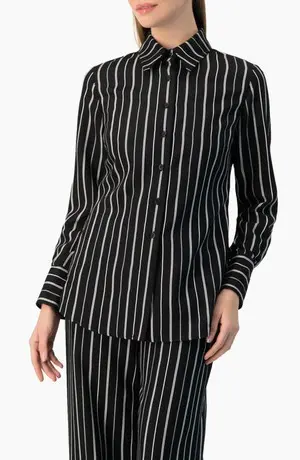IVONNE Pinstripe Fitted Long-sleeve Button-front Shirt - Black