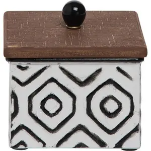 FORESIDE HOME AND GARDEN 4.5" X 5" Premium White Enamel Metal Geometric Pattern Luxury Jewelry Trinket Box - Brown