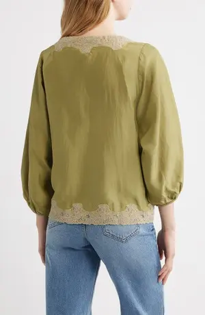 The Great. Long Sleeve Legacy Silk Top With Lace Detail
