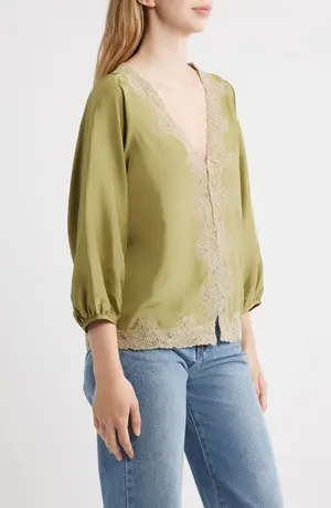 The Great. Long Sleeve Legacy Silk Top With Lace Detail