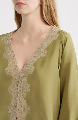 The Great. Long Sleeve Legacy Silk Top With Lace Detail