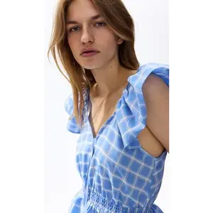 H&m Flutter-sleeved Peplum Blouse - Blue/checked