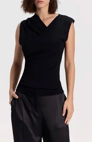 Ronen Chen Ronan Chen Asymmetrical Wrap Front Knit Top - Black