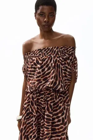 H&m Off-the-shoulder Chiffon Dress - Dark Brown/patterned
