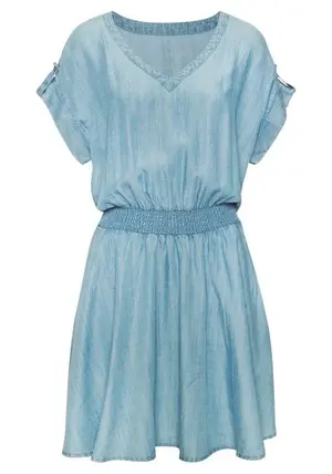 LASCANA V-neck Smocked Waist Chambray Dress