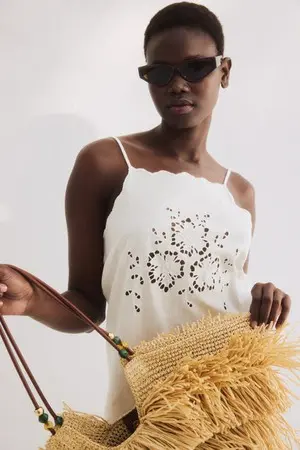 H&m Broderie Anglaise Cotton Beach Dress With Scalloped Edges