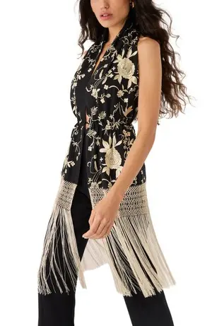 SEÑORITA Rocío Embroidered Silk Fringe Top