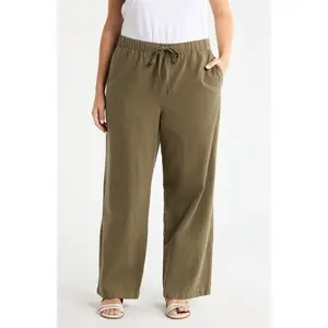 Eileen Fisher Organic Cotton & Organic Linen Straight Leg Drawstring Pants - Olive