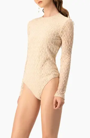 IVONNE Long Sleeve Fitted Crew Neck Stretch Lace Bodysuit