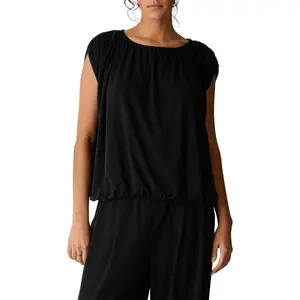 Eileen Fisher Boat Neck Top With Cap Sleeves And Elasticated Hem - Black