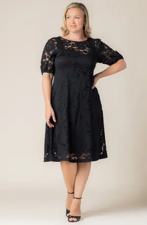 KIYONNA Emma Floral Lace Cocktail Midi Dress - Onyx