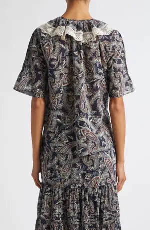 Veronica Beard Pamelis Paisley Ruffle Lace Trim Top