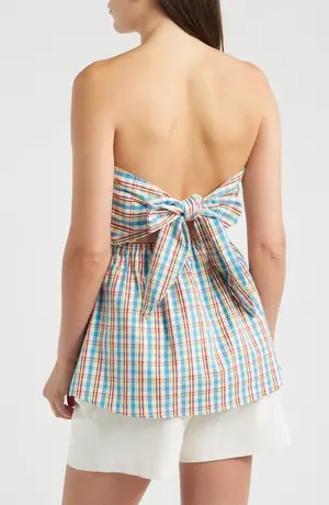 Faithfull The Brand Isole Plaid Strapless Cutout Tie Back Top