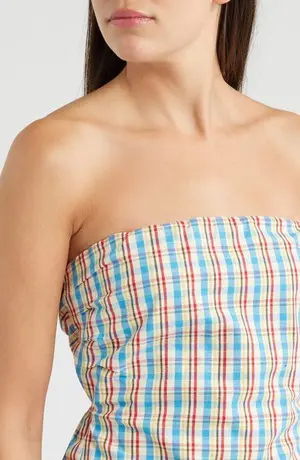 Faithfull The Brand Isole Plaid Strapless Cutout Tie Back Top