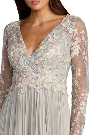 Mac Duggal Embroidered Long Sleeve V-neck Gown