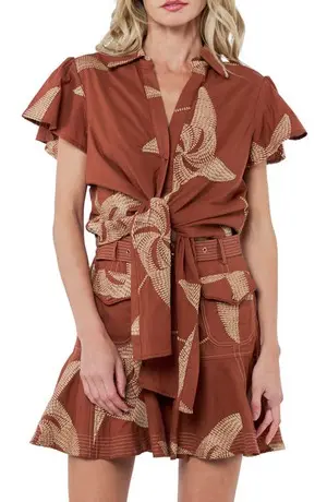 CIEBON Renna Embroidered Detail Tie Front Button-up Cotton Shirt - Caramel