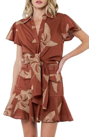 CIEBON Renna Embroidered Detail Tie Front Button-up Cotton Shirt
