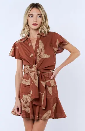 CIEBON Renna Embroidered Detail Tie Front Button-up Cotton Shirt