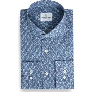EMANUEL BERG Modern Fit Floral Cotton Seersucker Dress Shirt - Medium Blue