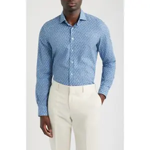 EMANUEL BERG Modern Fit Floral Cotton Seersucker Dress Shirt - Medium Blue