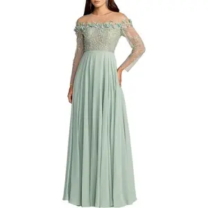 Mac Duggal Chiffon Beaded Long Sleeve Gown - Sage