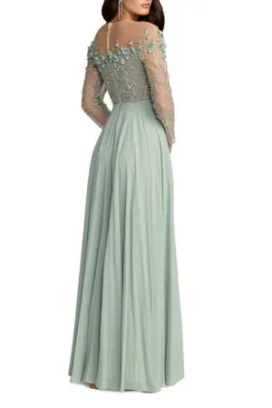 Mac Duggal Chiffon Beaded Long Sleeve Gown
