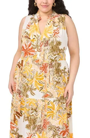 Vince Camuto Tropical Print Split Neck Tiered Maxi Dress